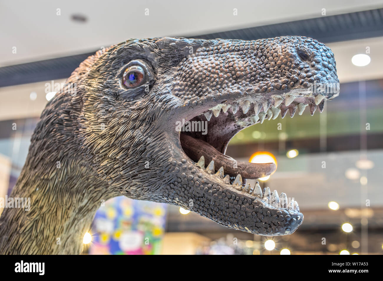 Lodz, Poland, May 2019: Velociraptor in shopping entertainment center ...