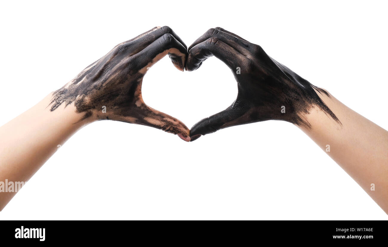 Painted female hands showing heart shape on white background Stock ...