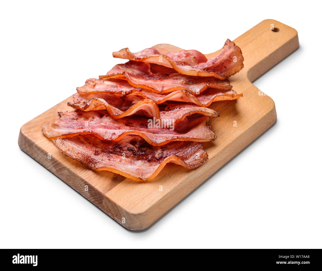 Board with fried bacon on white background Stock Photo - Alamy