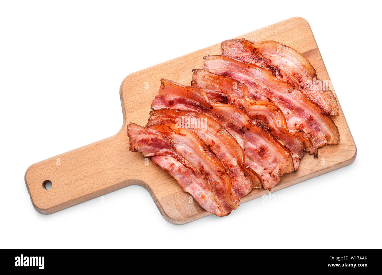 Board with fried bacon on white background Stock Photo - Alamy