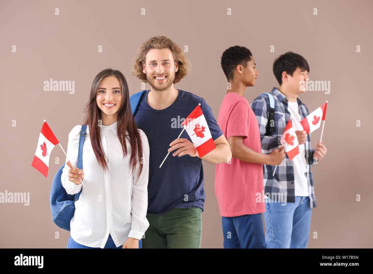 Group of students with Canadian flags on color background Stock Photo ...
