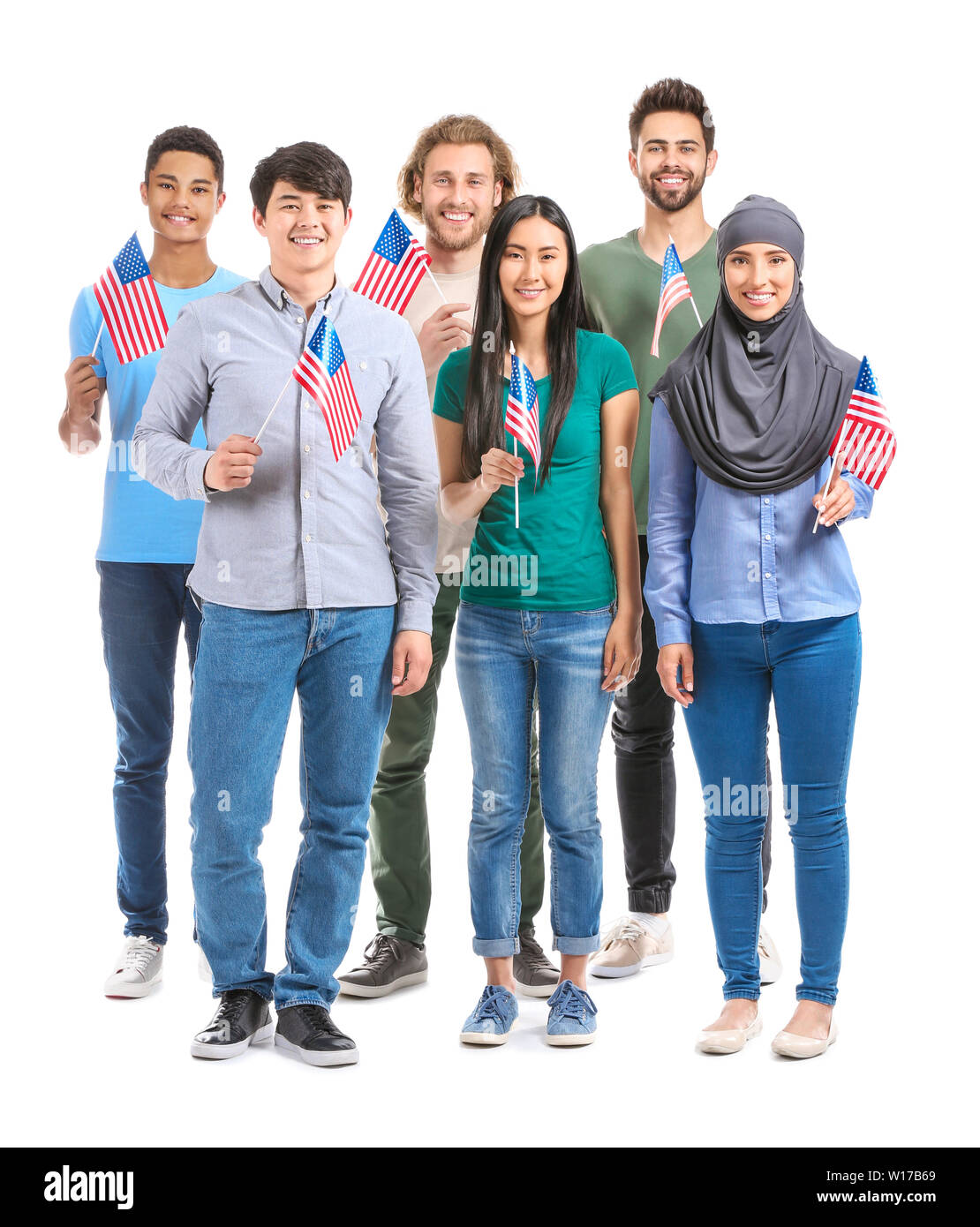 Group of students with USA flags on white background Stock Photo - Alamy