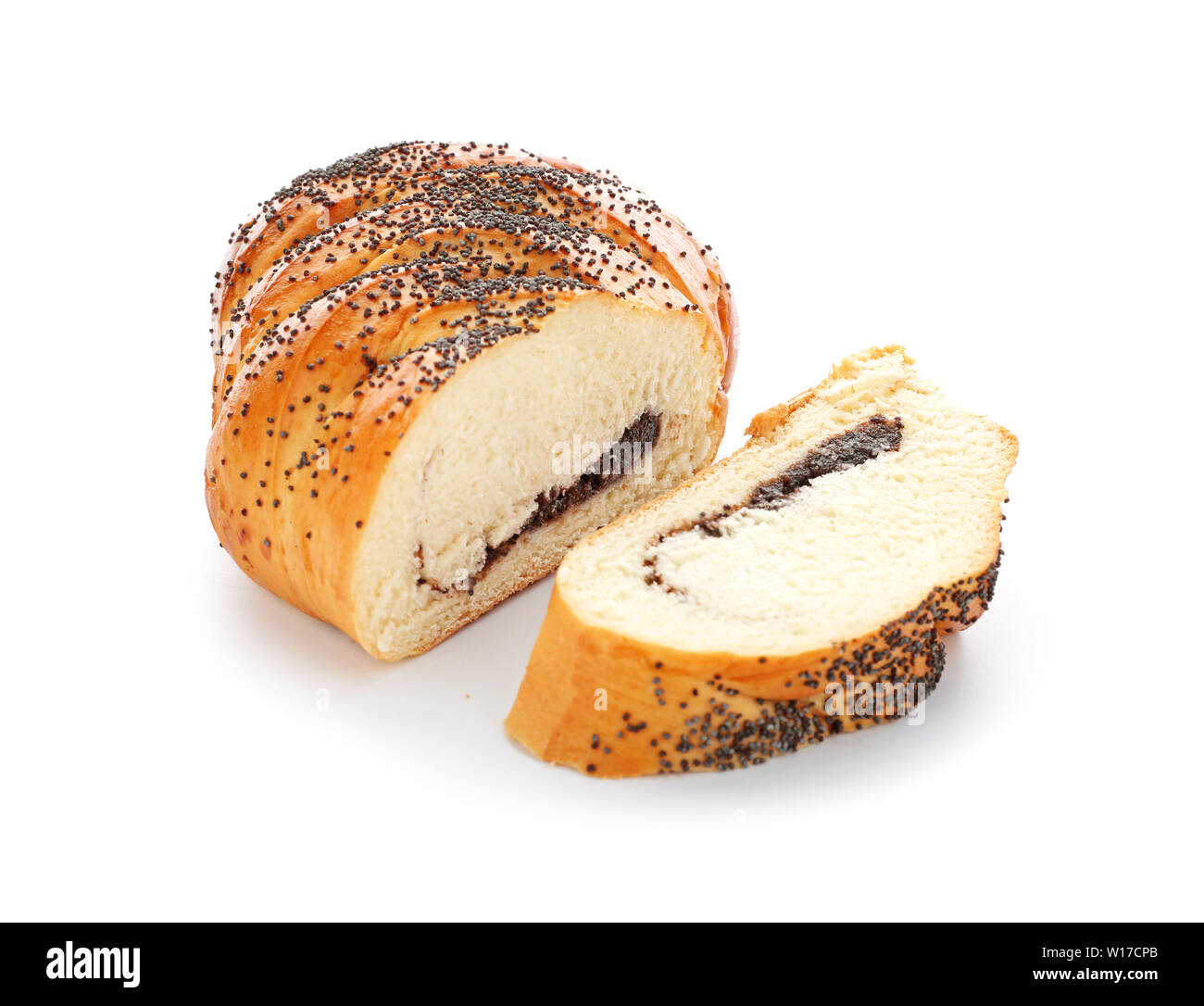 Tasty cut bun with poppy seeds on white background Stock Photo - Alamy