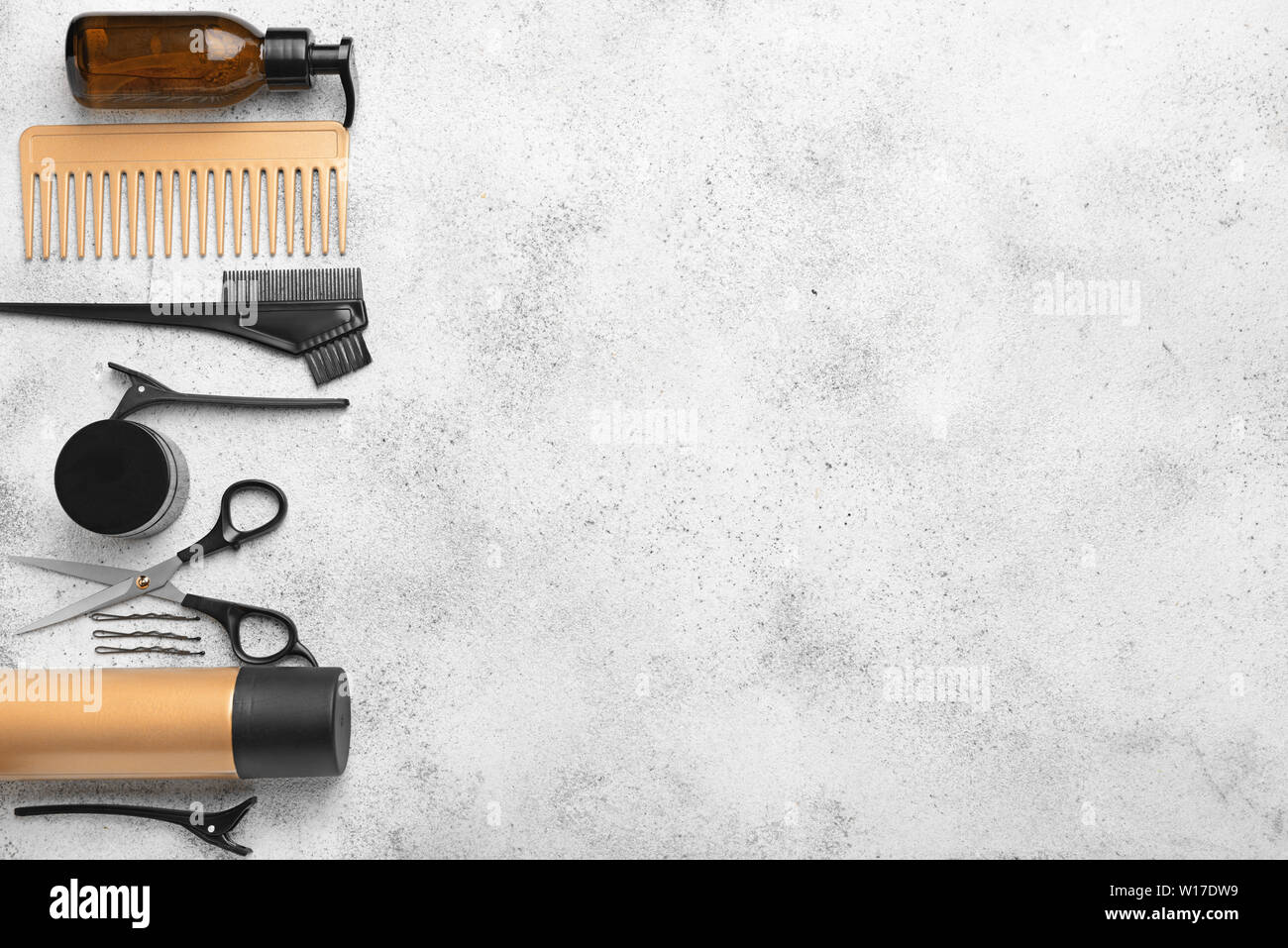 Set of hairdresser tools and accessories on light background Stock ...