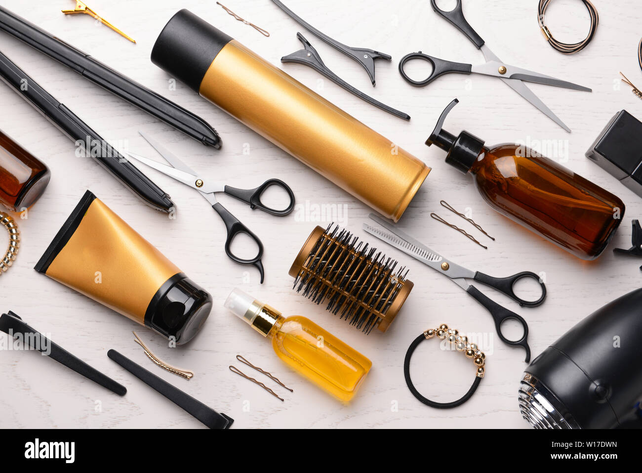 Set of hairdresser tools and accessories on light background Stock ...