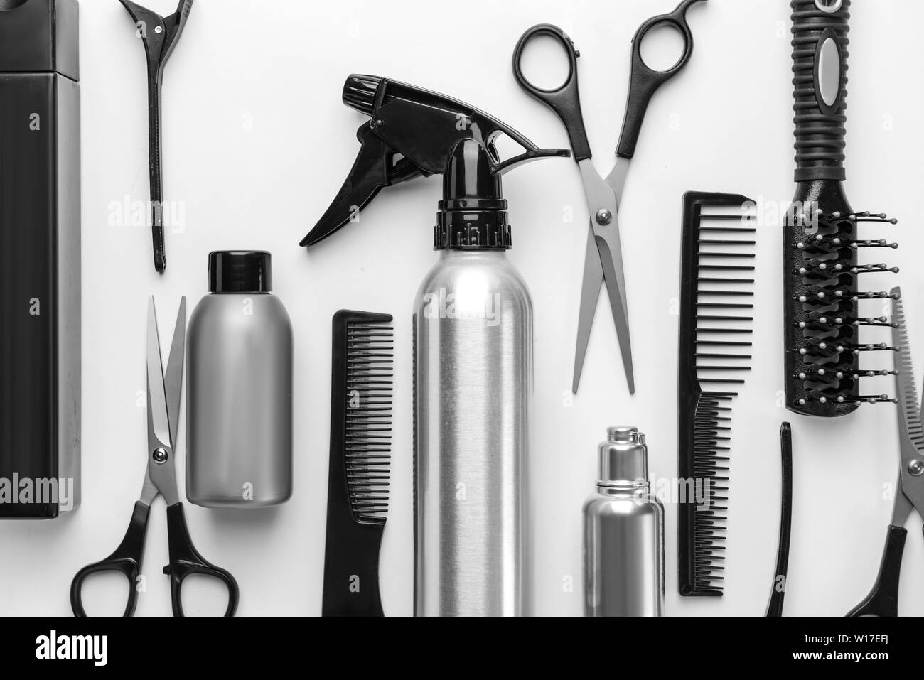Set of hairdresser tools and accessories on white background Stock ...