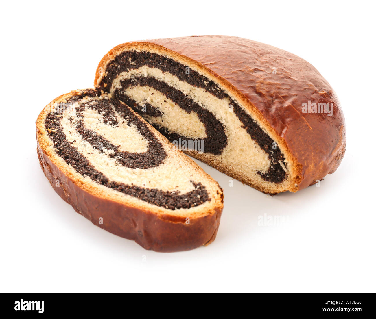 Tasty cut poppy bun on white background Stock Photo - Alamy