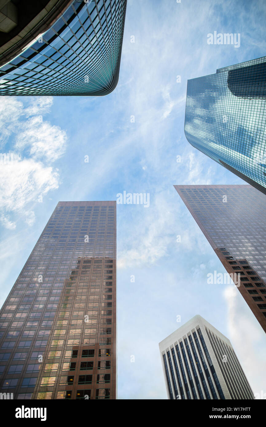Spectacular view on high rise skyscrapers in financial buildings in the ...