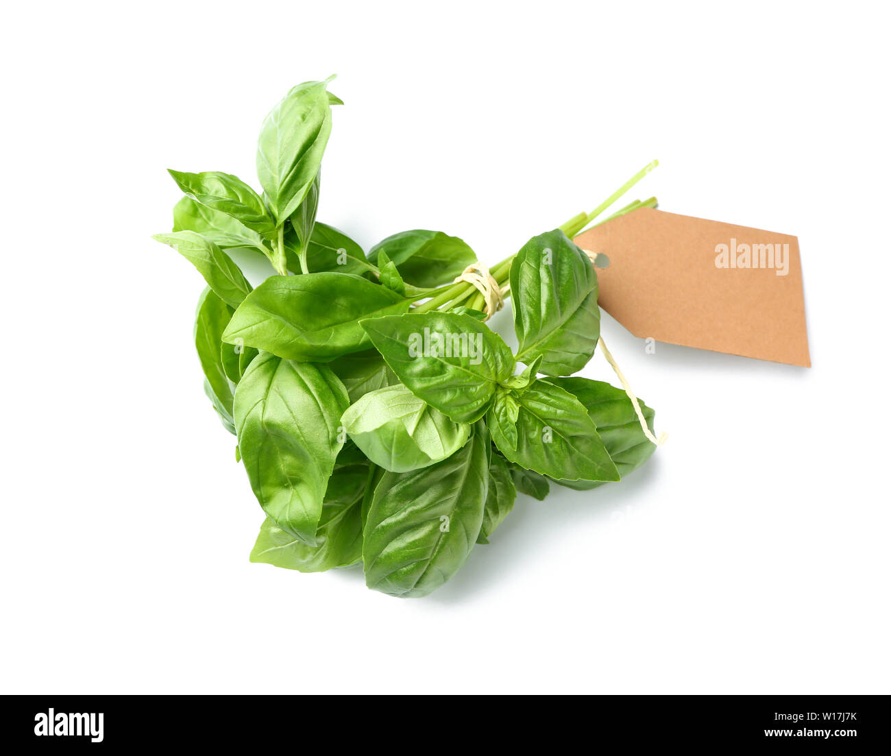 Fresh green basil with tag on white background Stock Photo - Alamy