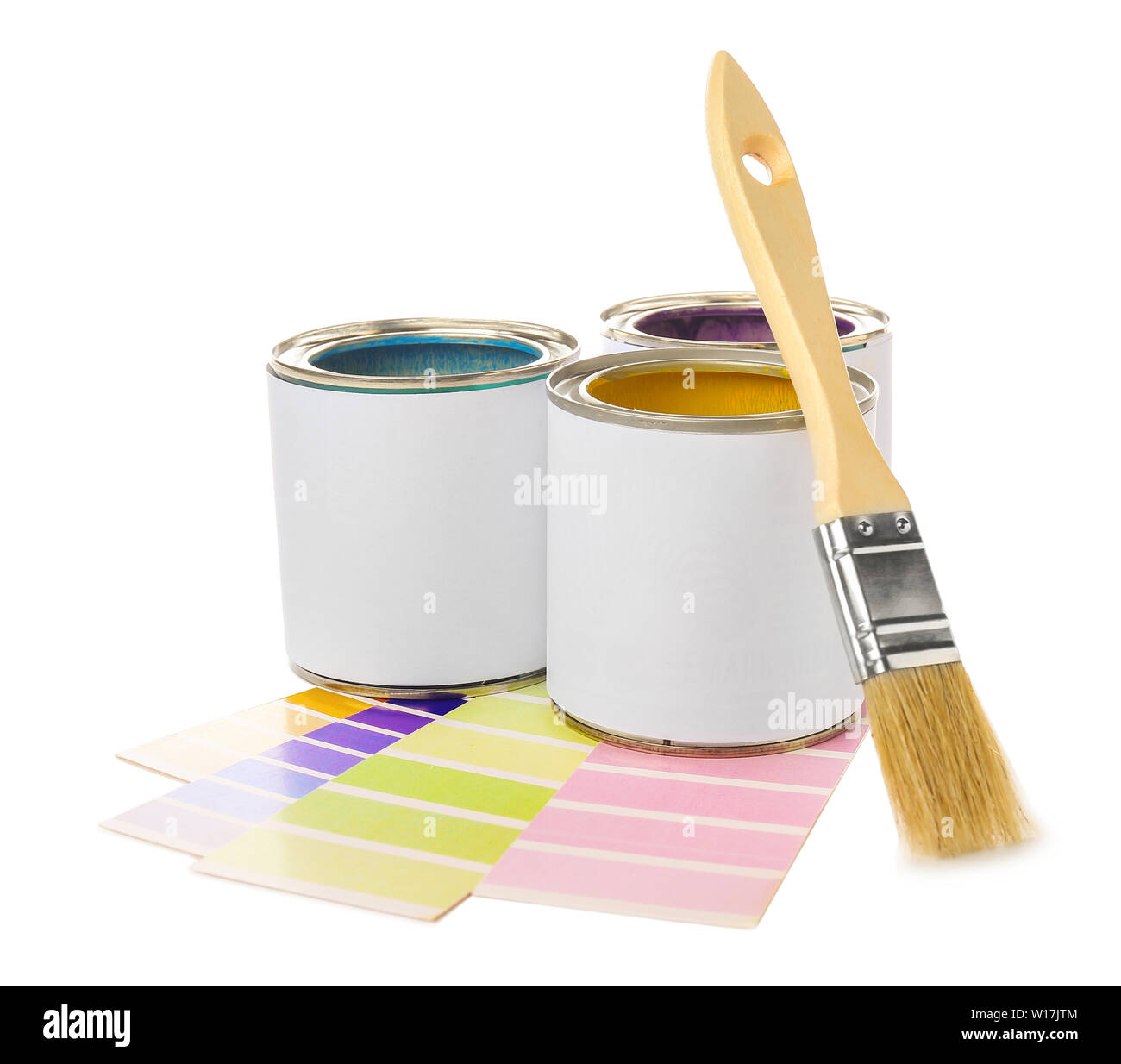 Cans of paints with brush and palette samples on white background Stock ...