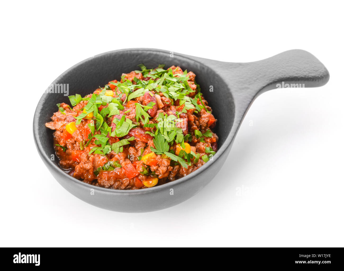 Frying pan with tasty chili con carne on white background Stock Photo ...