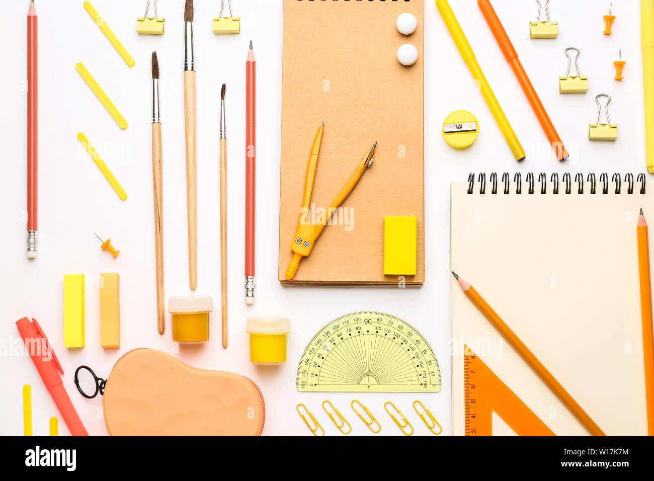 Set of school supplies on white background Stock Photo - Alamy