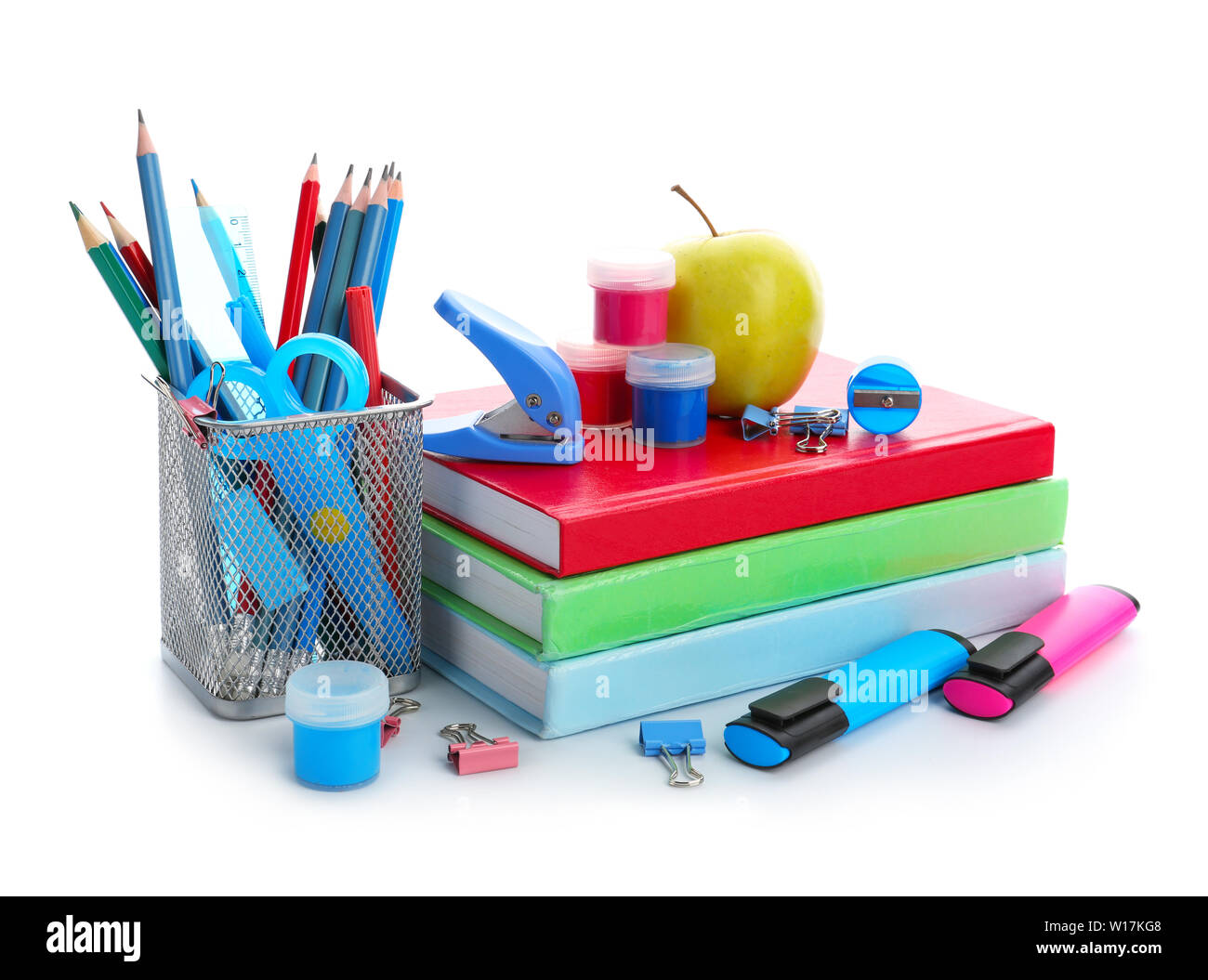 Set of school supplies on white background Stock Photo - Alamy