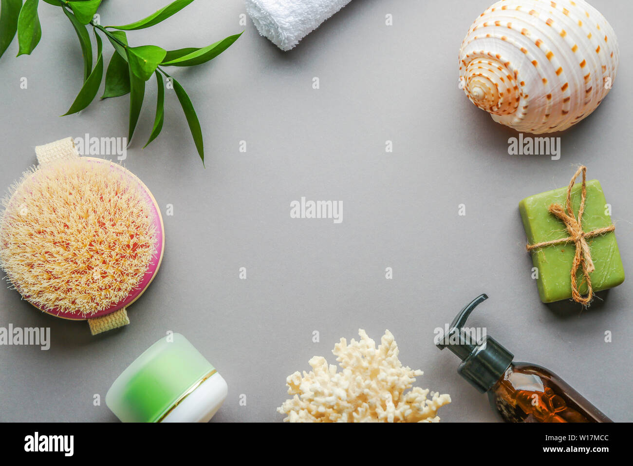 Beautiful spa composition on grey background Stock Photo - Alamy