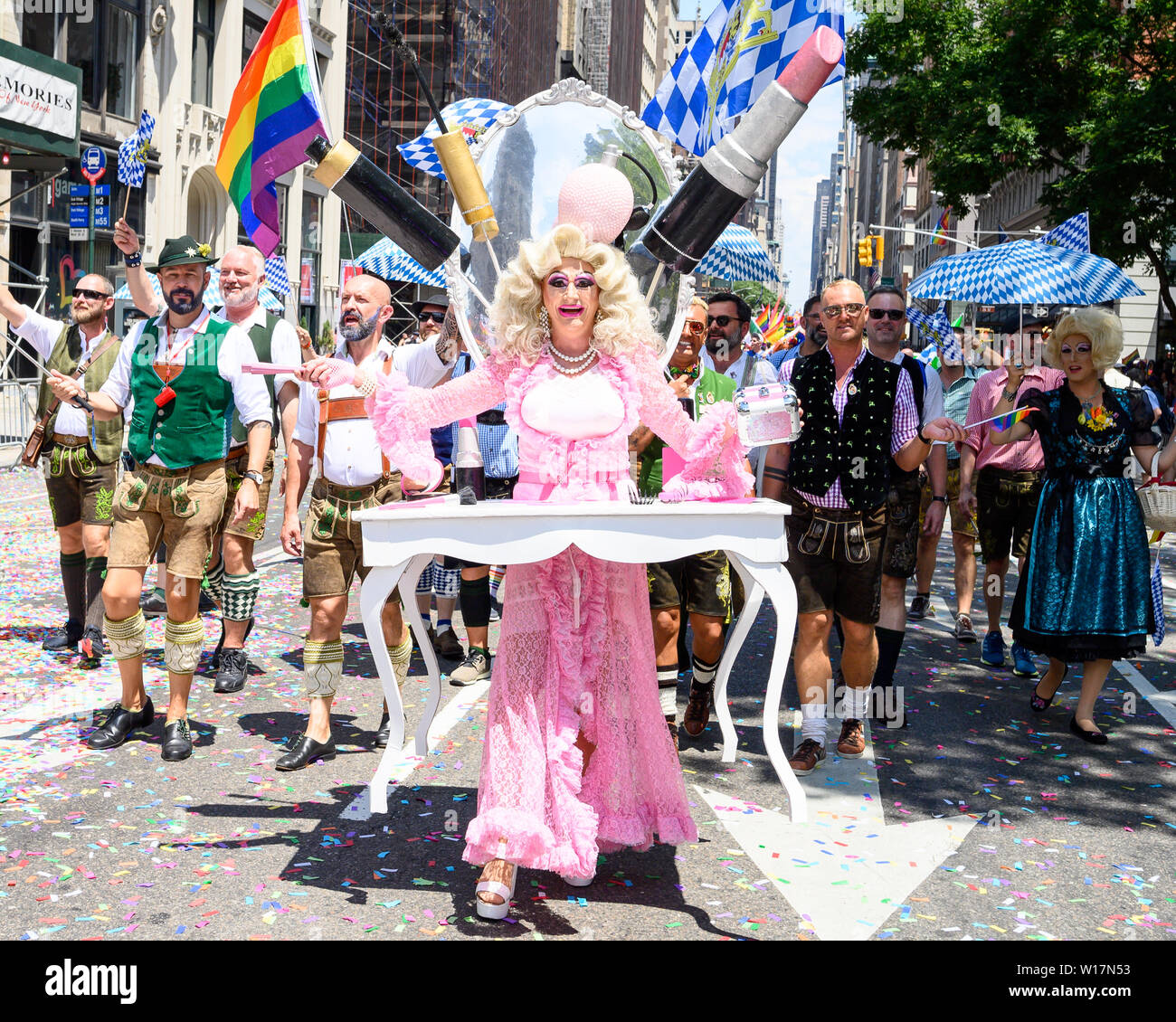 Participants in colourful costumes during the New York City Pride March ...