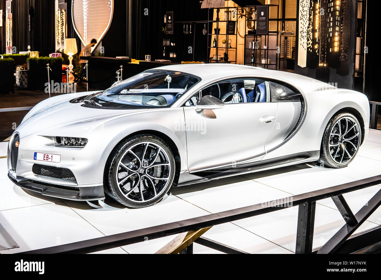 Brussels, Belgium, Jan 2019: metallic silver Bugatti Chiron at Brussels ...