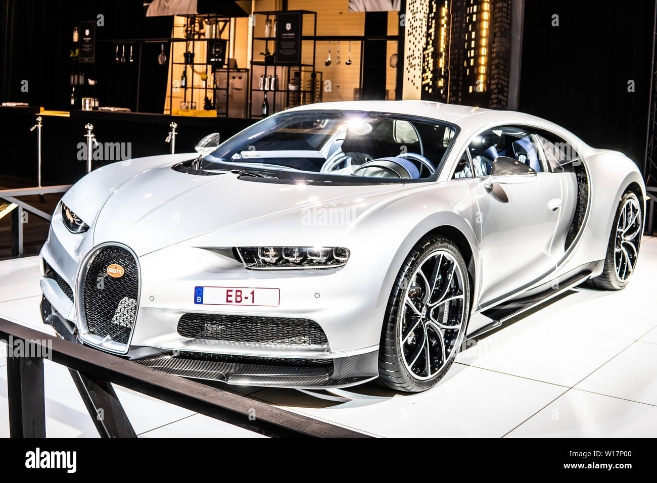 Brussels, Belgium, Jan 2019: metallic silver Bugatti Chiron at Brussels ...