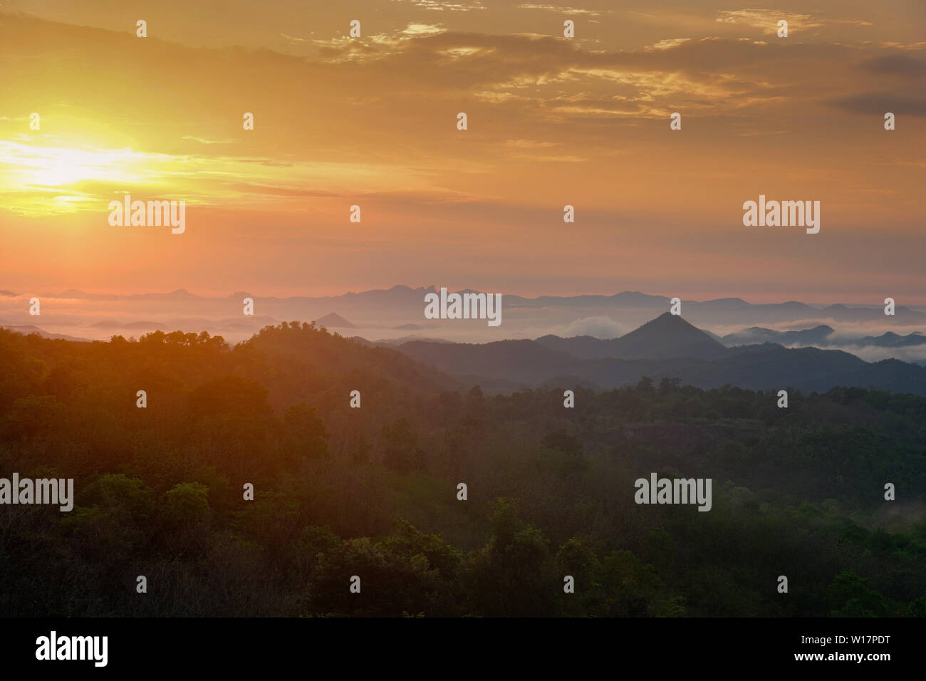 Beautiful sky sunrise asia landscape on hill with fog mist in the ...