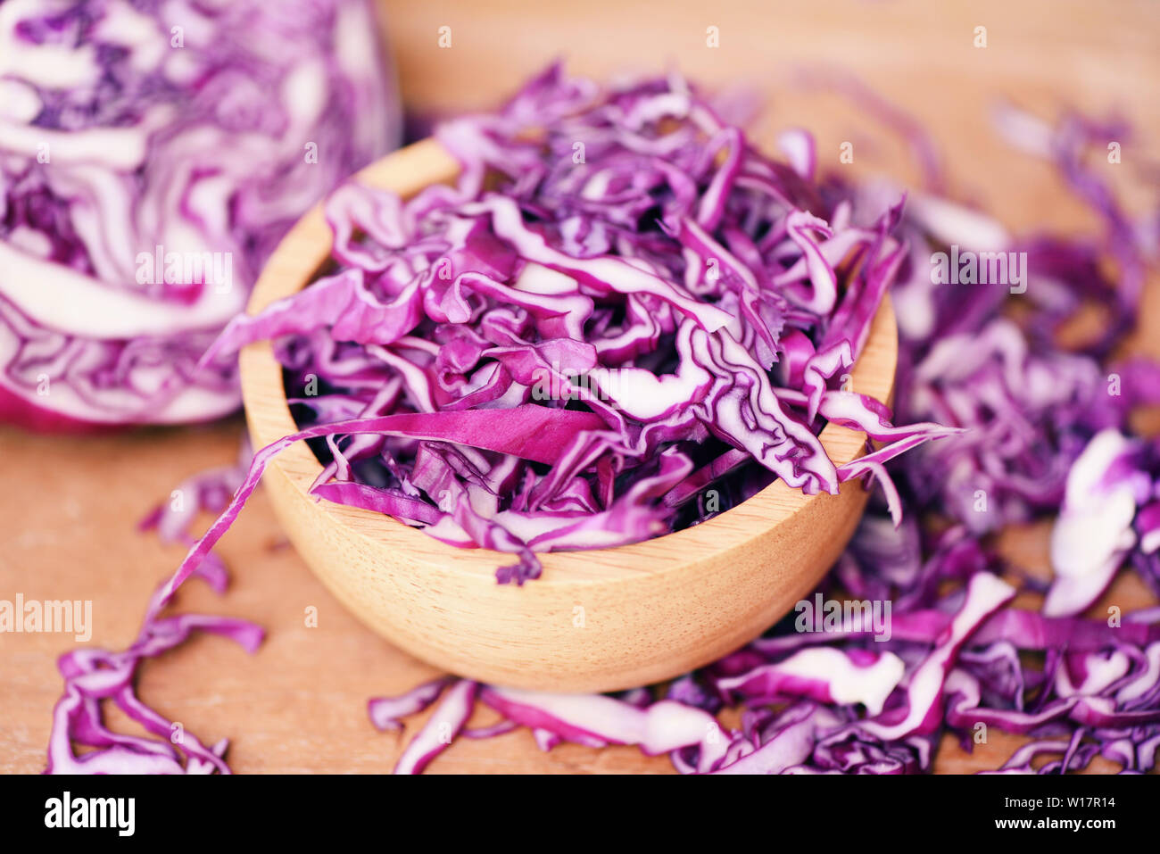 Cabbage purple / Shredded red cabbage slice in a wooden bowl top view ...