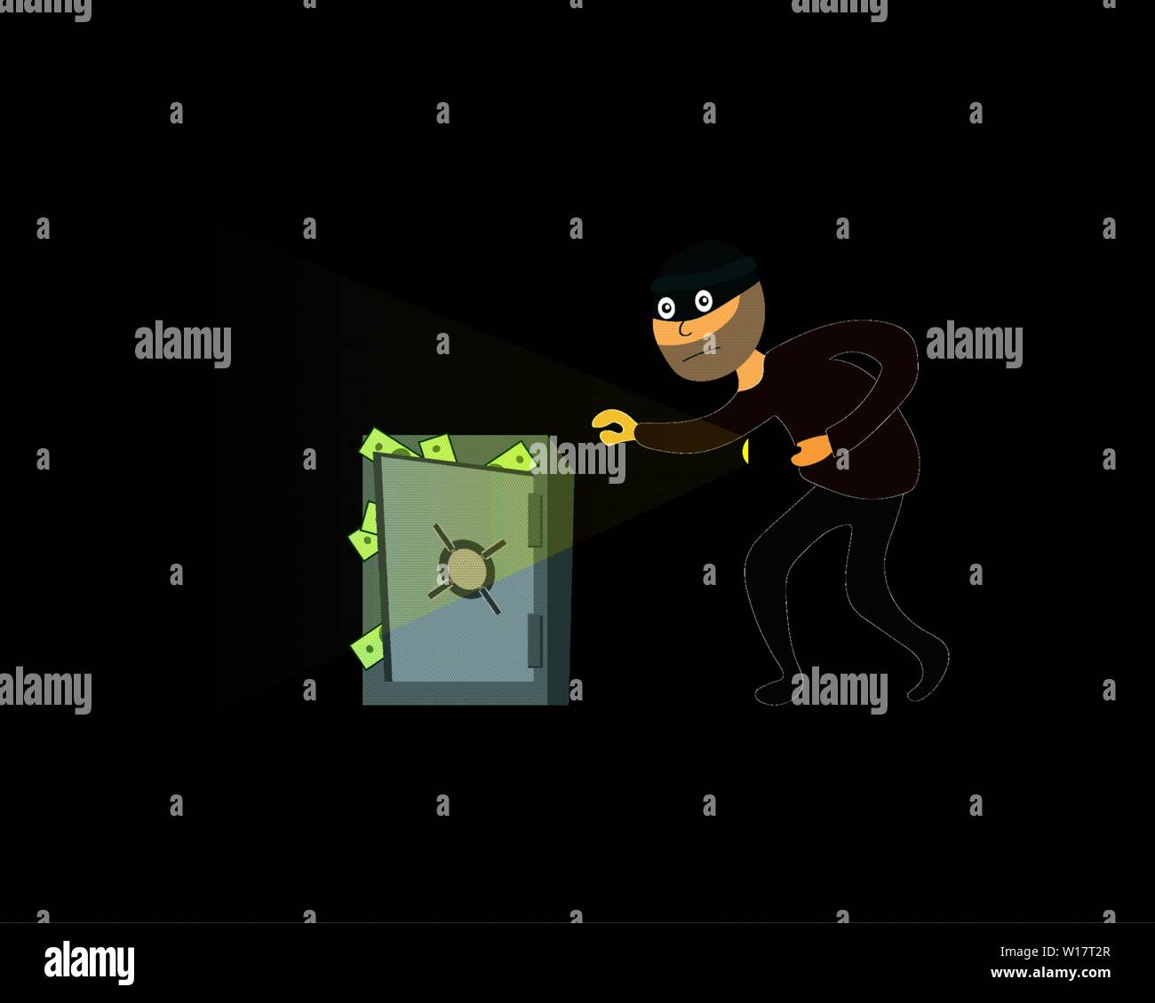 A thief steals money from the safe. Night. Vector illustration Stock ...