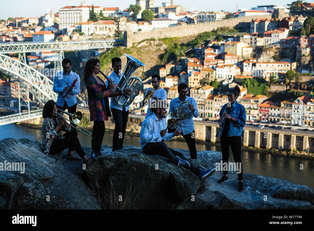 Group of musicians, Jazz band, play music in the old Porto, Portugal ...