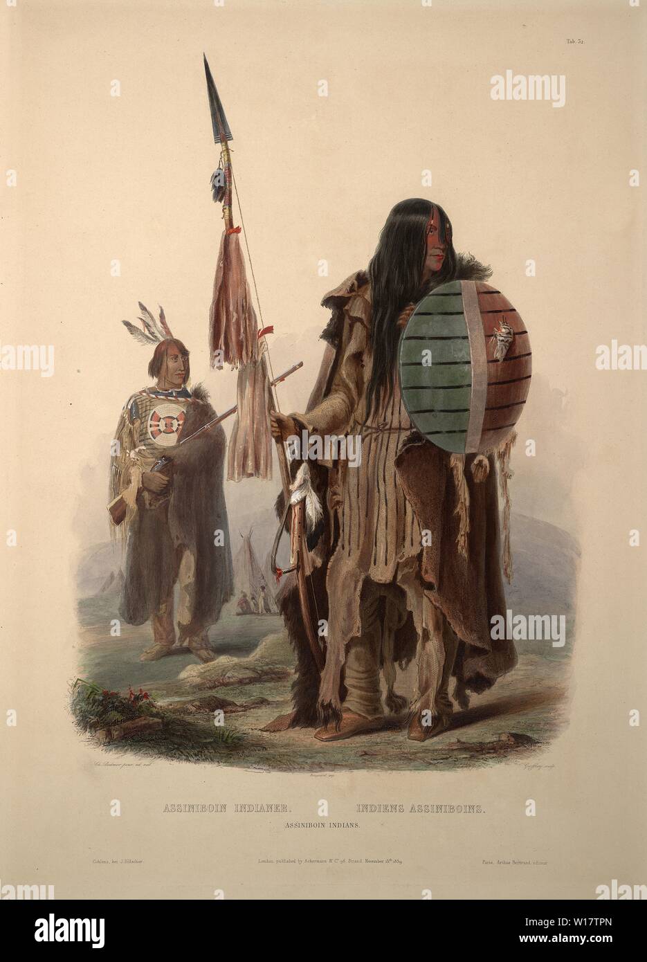 Assiniboin Indians. (Assiniboine Indians.) - Karl Bodmer aquatint from ...