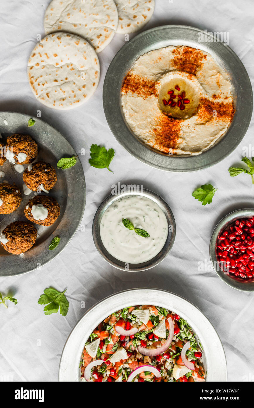 Selection of traditional Arab and Jewish healthy food, vegan and ...