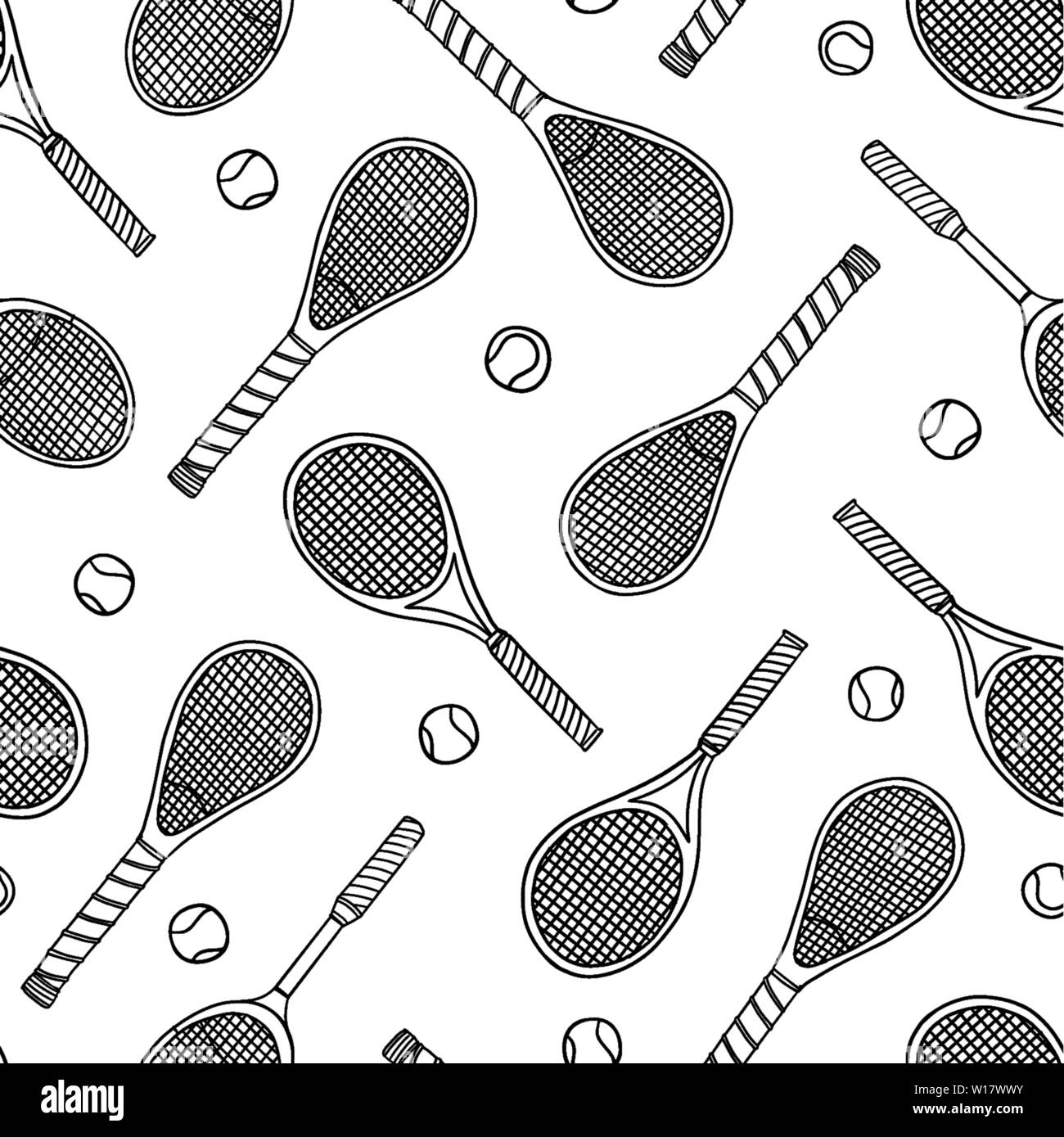 Tennis Racket And Balls Doodle Seamless Pattern Vector Illustration