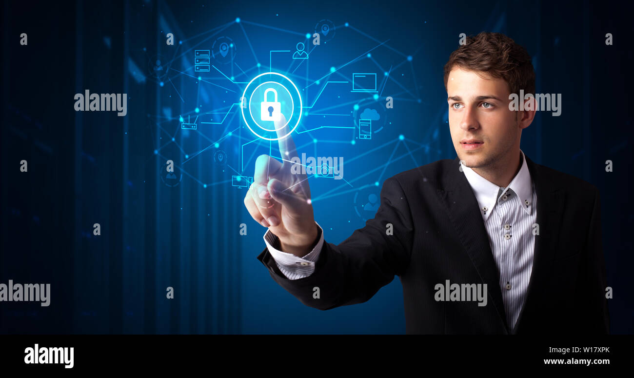 Man touching hologram projection displaying cloud system Stock Photo ...