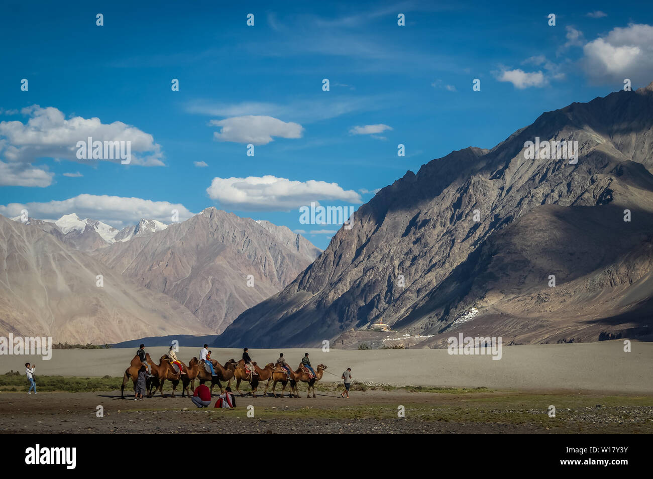 Ladakh, India; Dated- May 14, 2019: Tourists enjoying camel ride in the ...