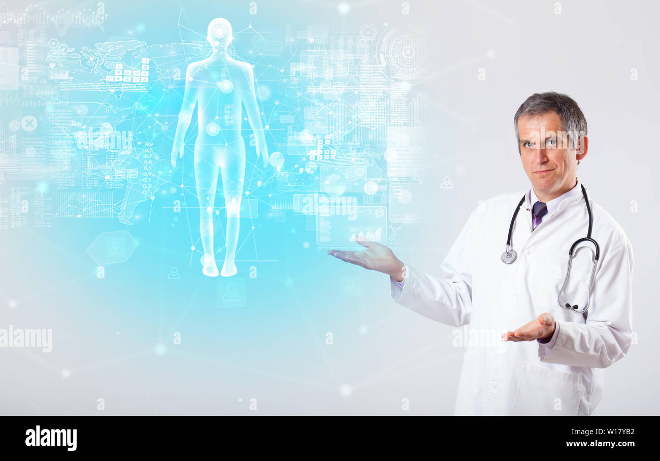 Middle aged scientist with full body map concept Stock Photo - Alamy