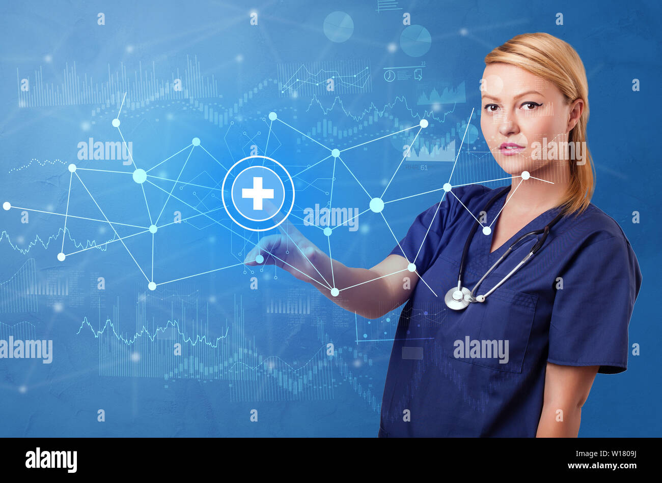 Doctor touching blue screen with virtual hospital concept Stock Photo ...
