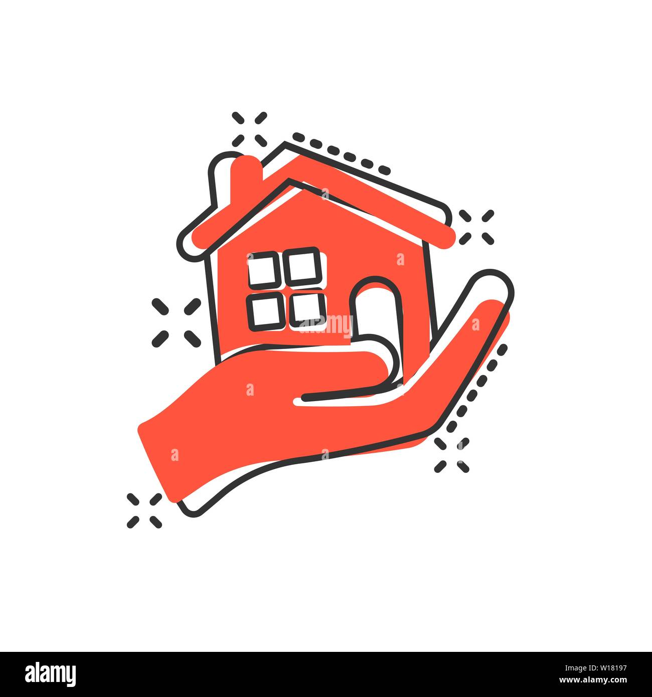 Home care icon in comic style. Hand hold house vector cartoon ...