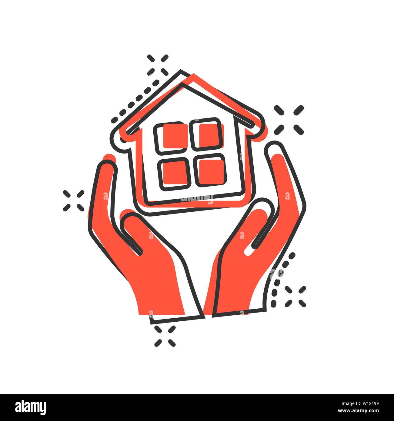 Home care icon in comic style. Hand hold house vector cartoon ...