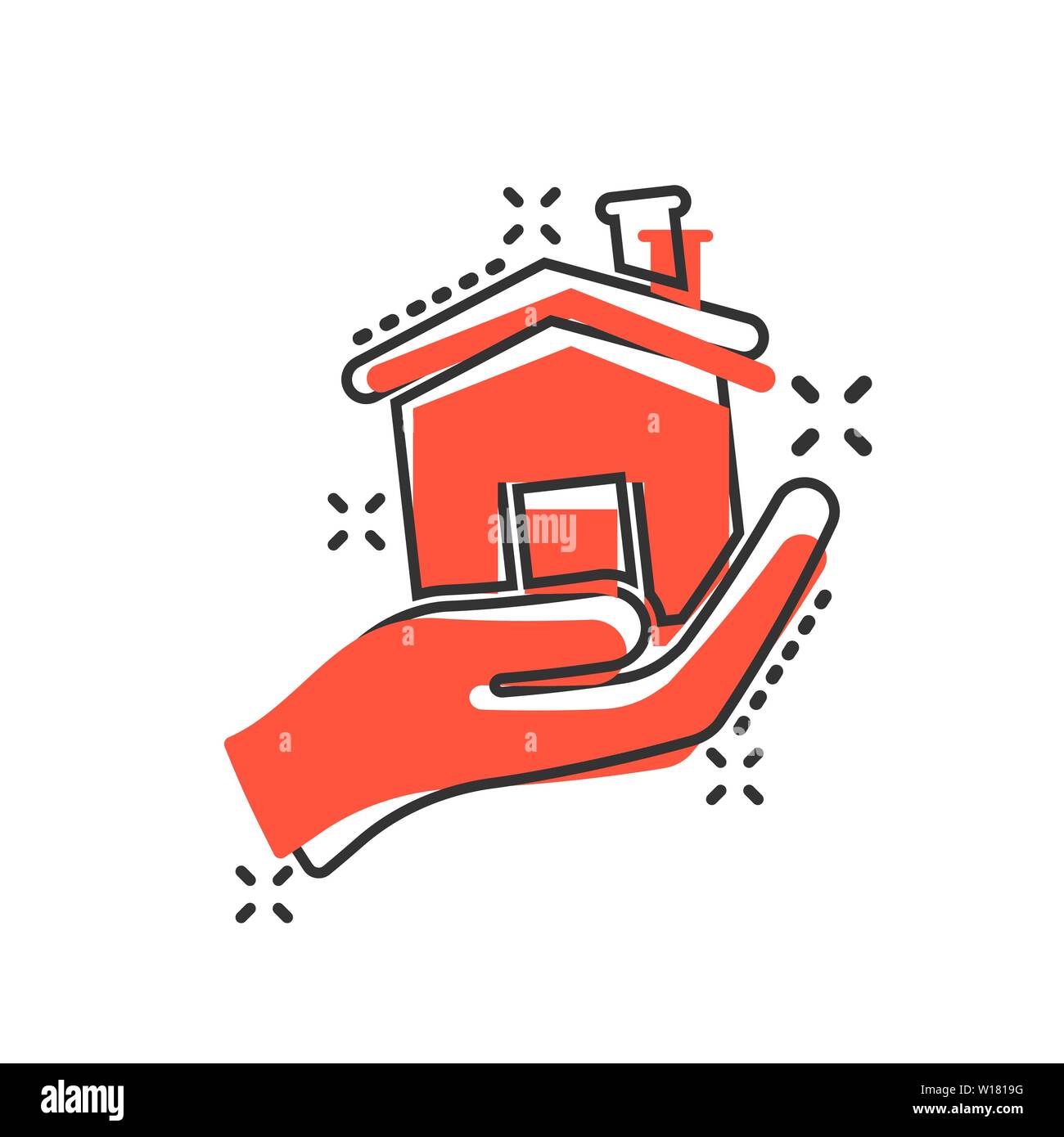 Home care icon in comic style. Hand hold house vector cartoon ...