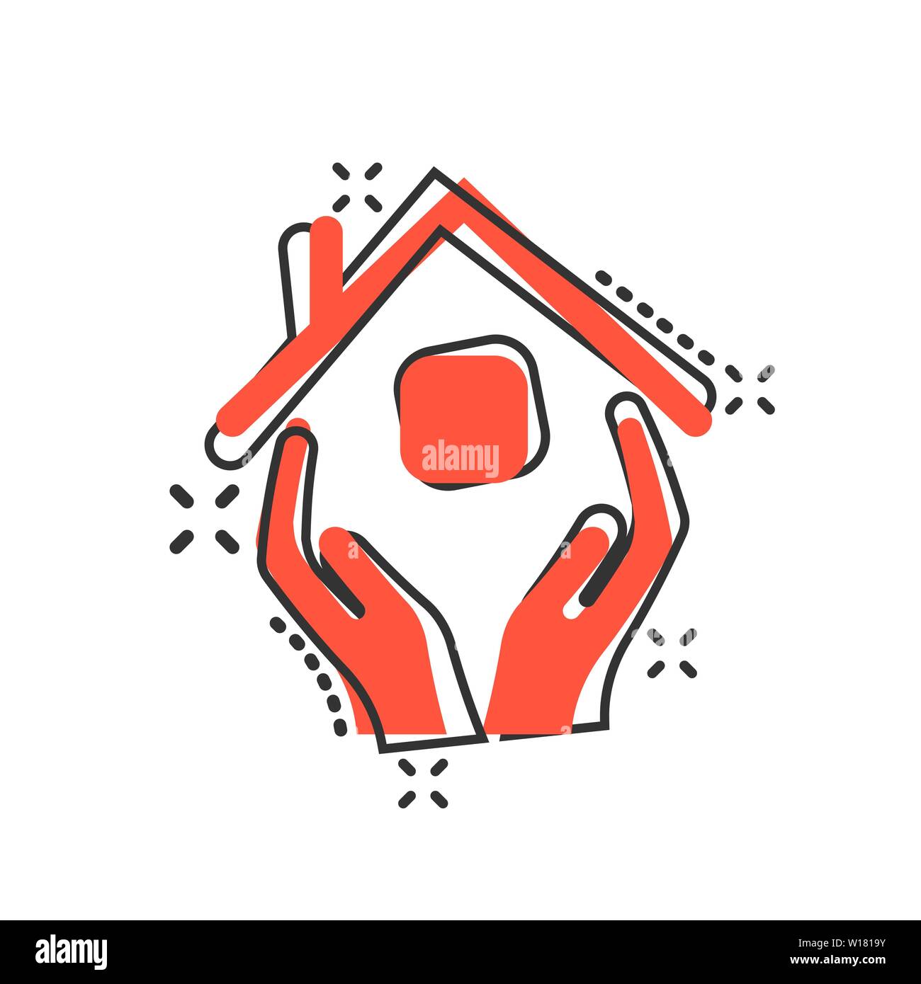 Home care icon in comic style. Hand hold house vector cartoon ...