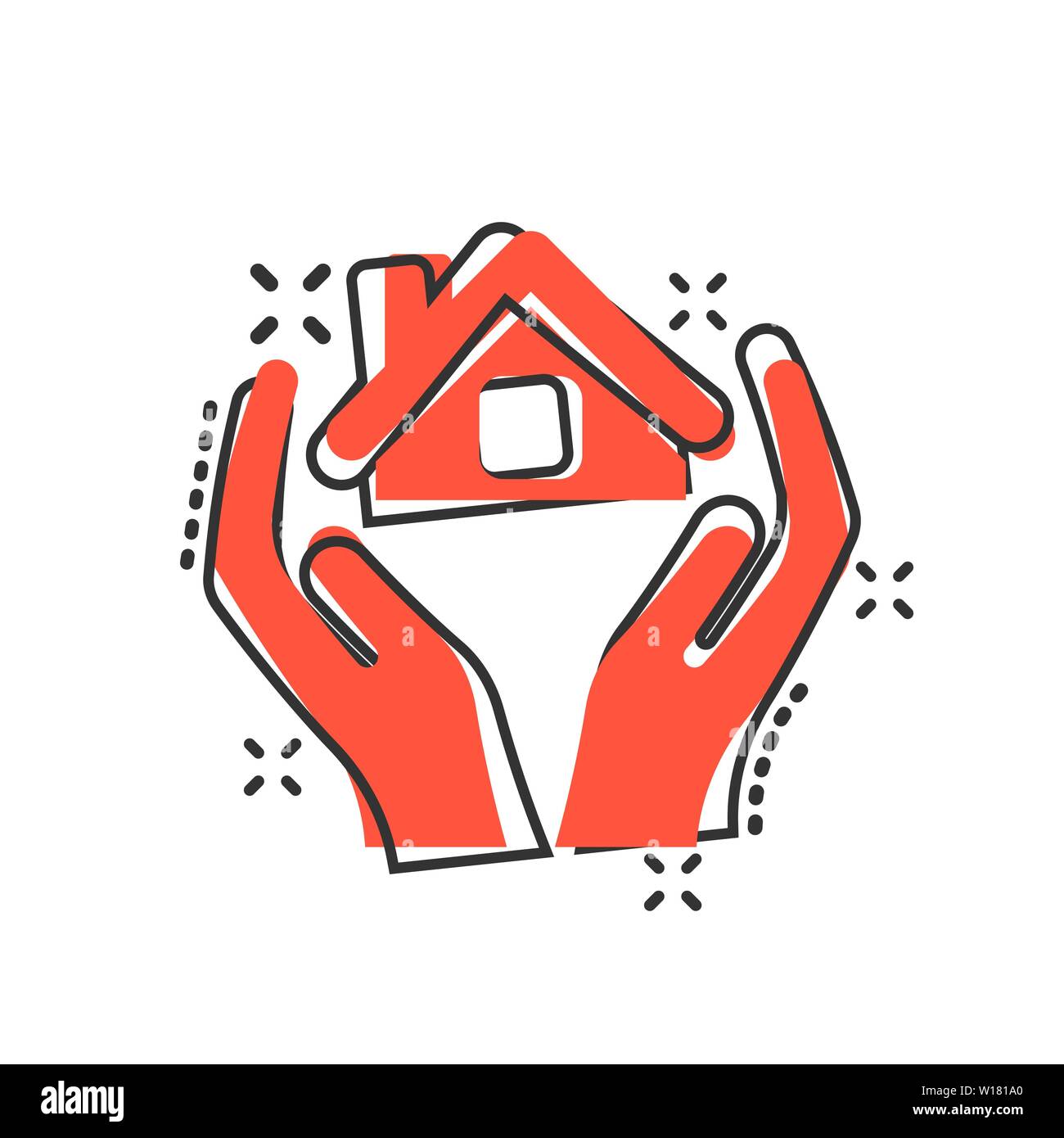 Home care icon in comic style. Hand hold house vector cartoon ...