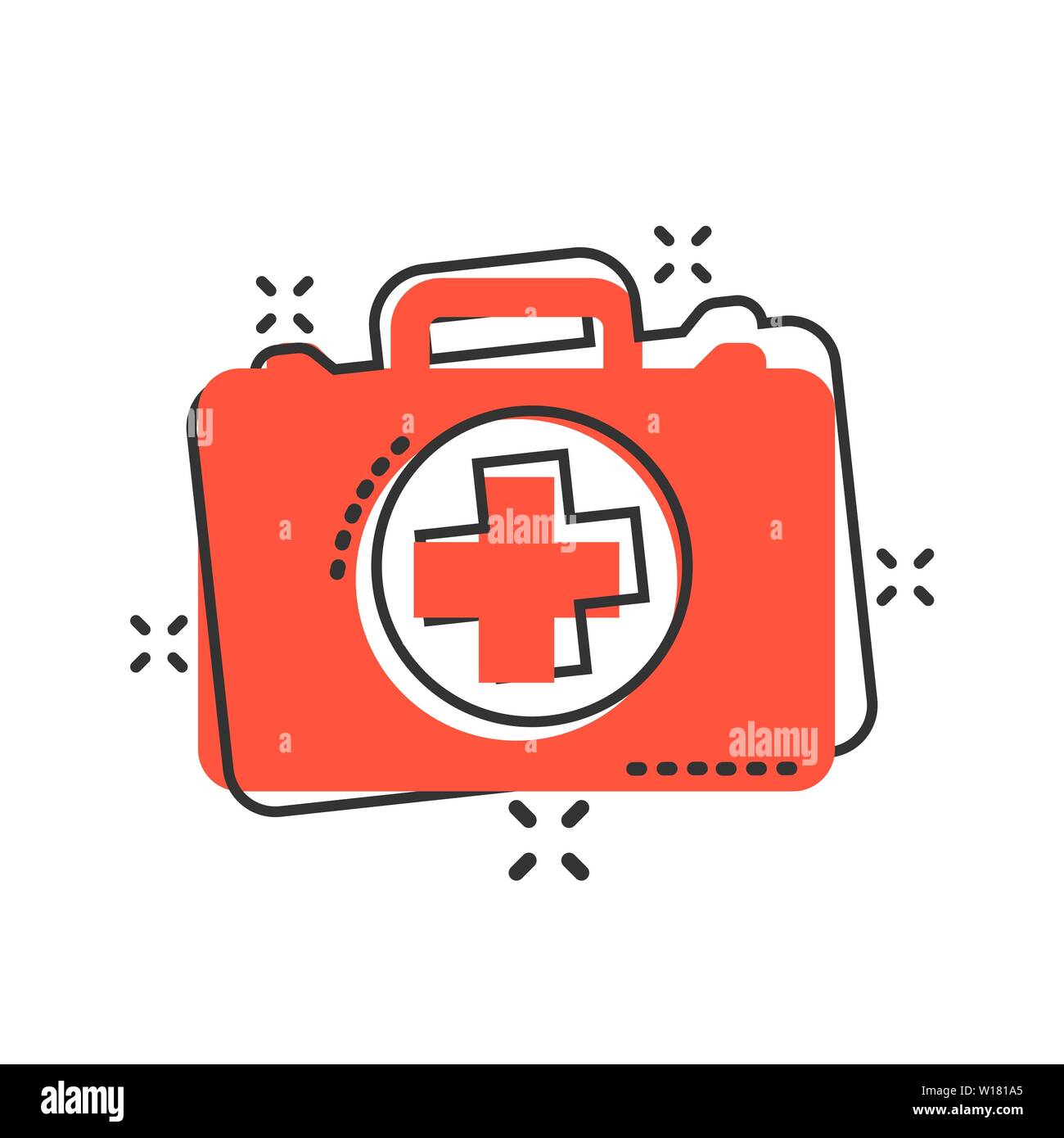 First aid kit icon in comic style. Health, help and medical diagnostics ...