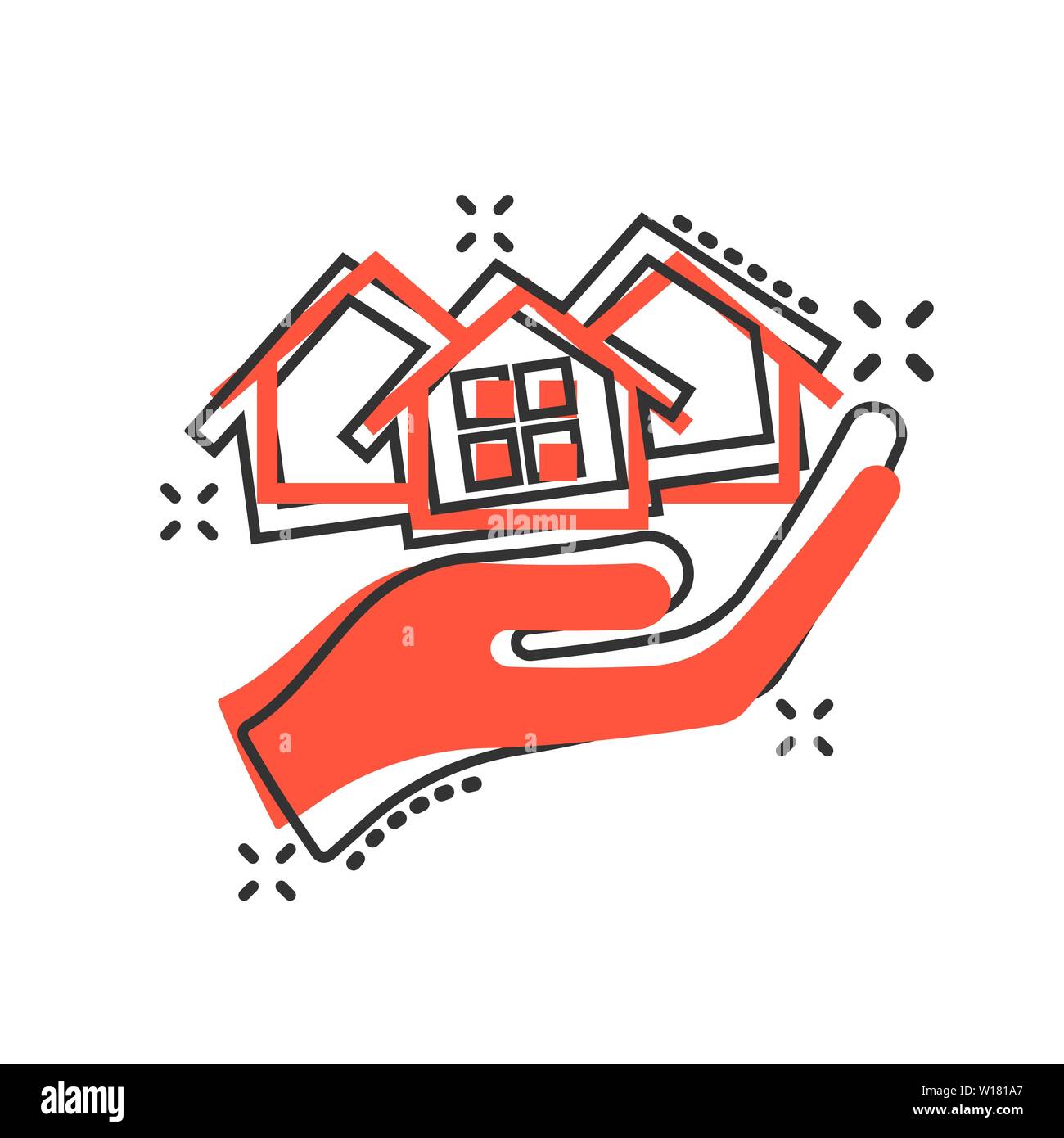 Home care icon in comic style. Hand hold house vector cartoon ...