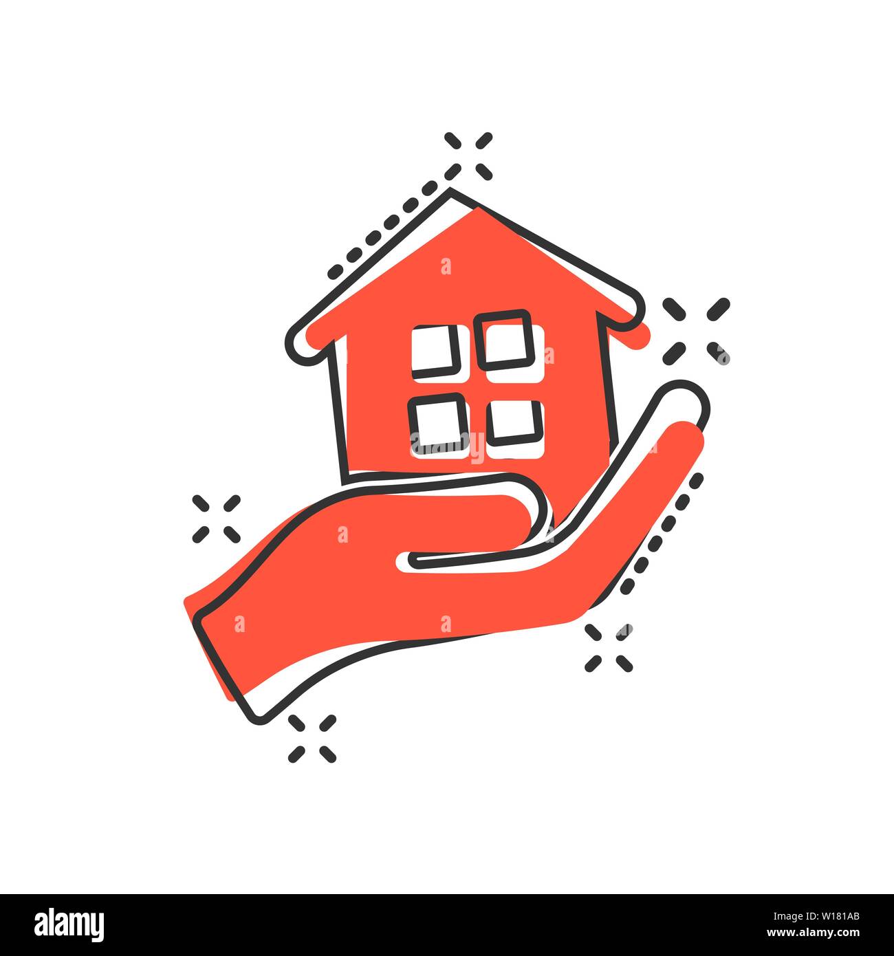 Home care icon in comic style. Hand hold house vector cartoon ...