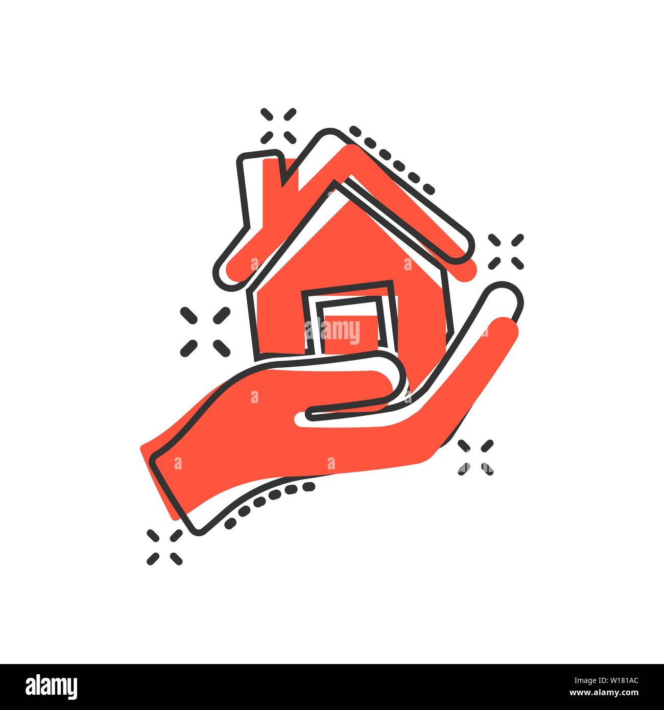 Home care icon in comic style. Hand hold house vector cartoon ...