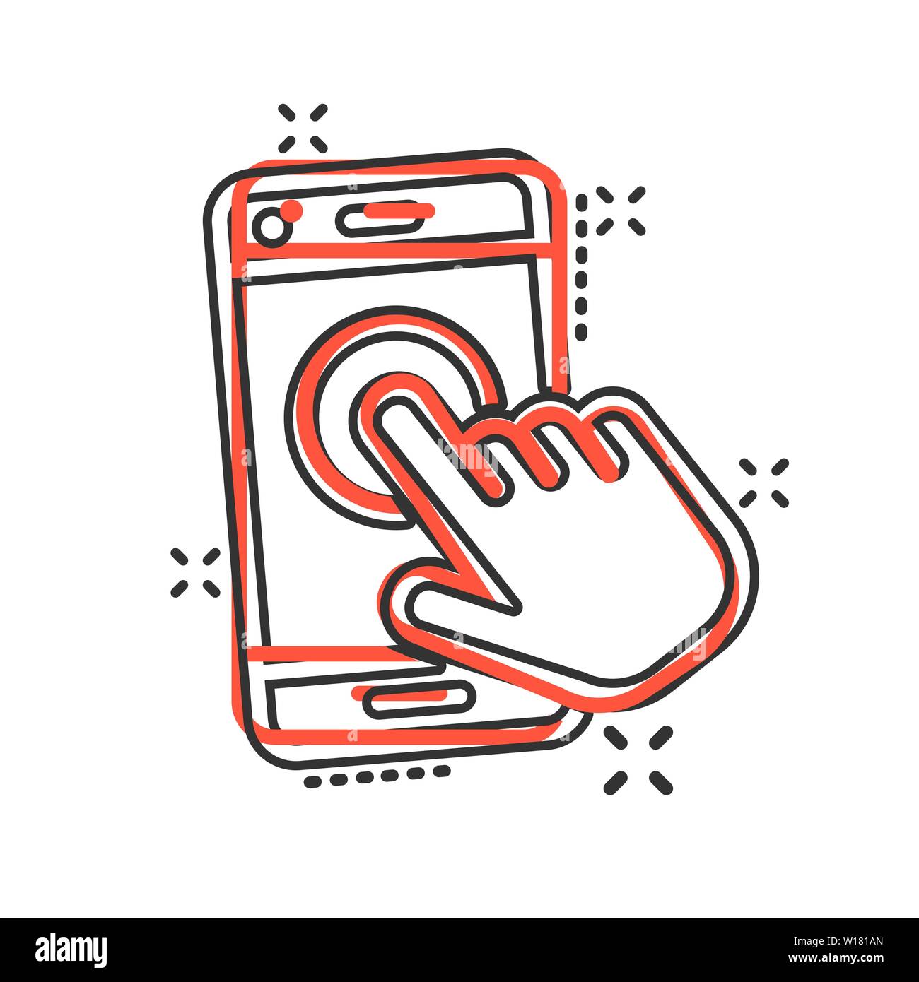 Hand touch smartphone icon in comic style. Phone finger vector cartoon ...