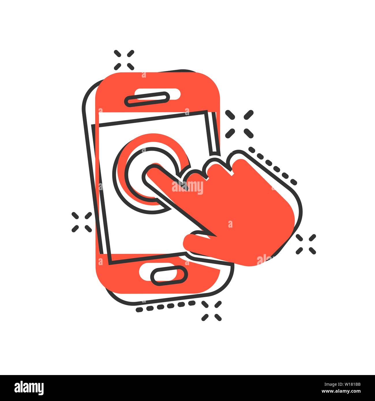 Hand touch smartphone icon in comic style. Phone finger vector cartoon ...