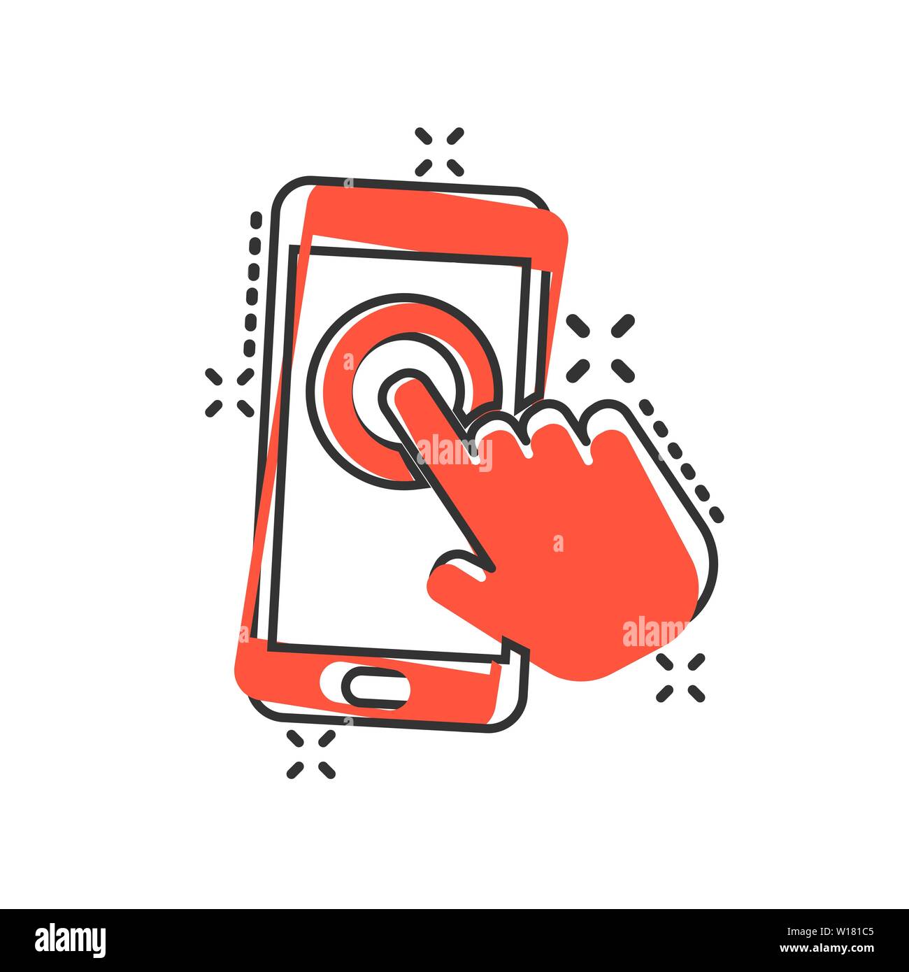 Hand touch smartphone icon in comic style. Phone finger vector cartoon ...