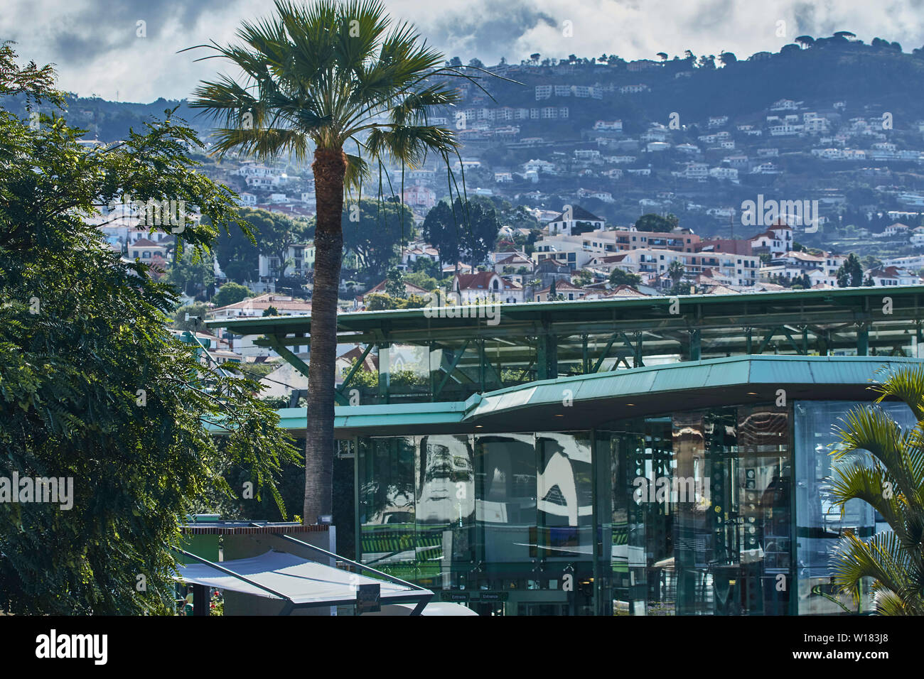 Funchal cable car station with Madeira white houses on the hill in the ...