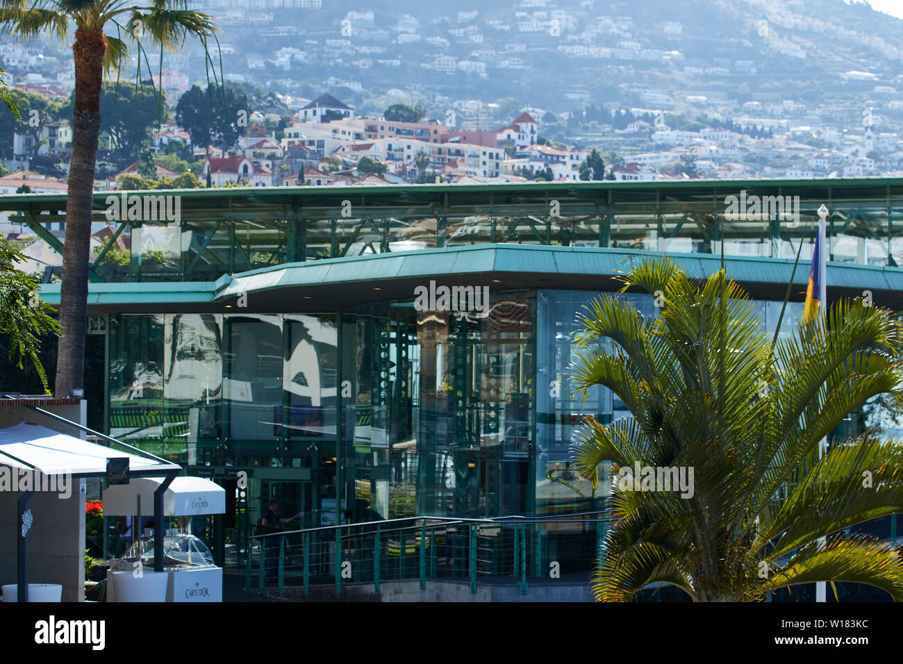 Funchal cable car station with Madeira white houses on the hill in the ...