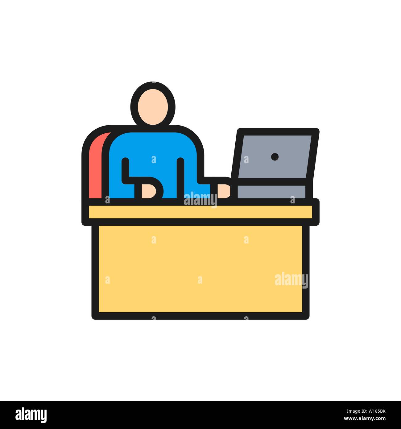 Vector man at workplace, office working, boss flat color line icon ...