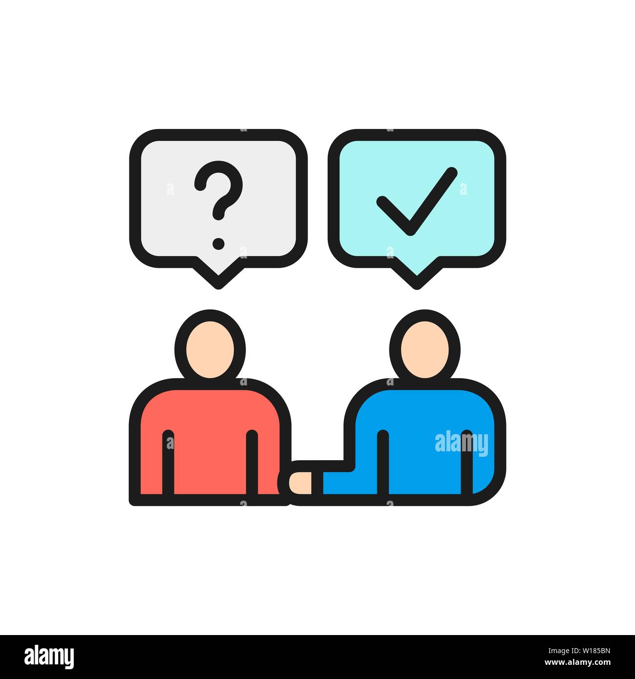 Vector man answers questions, communication, discussion flat color line ...