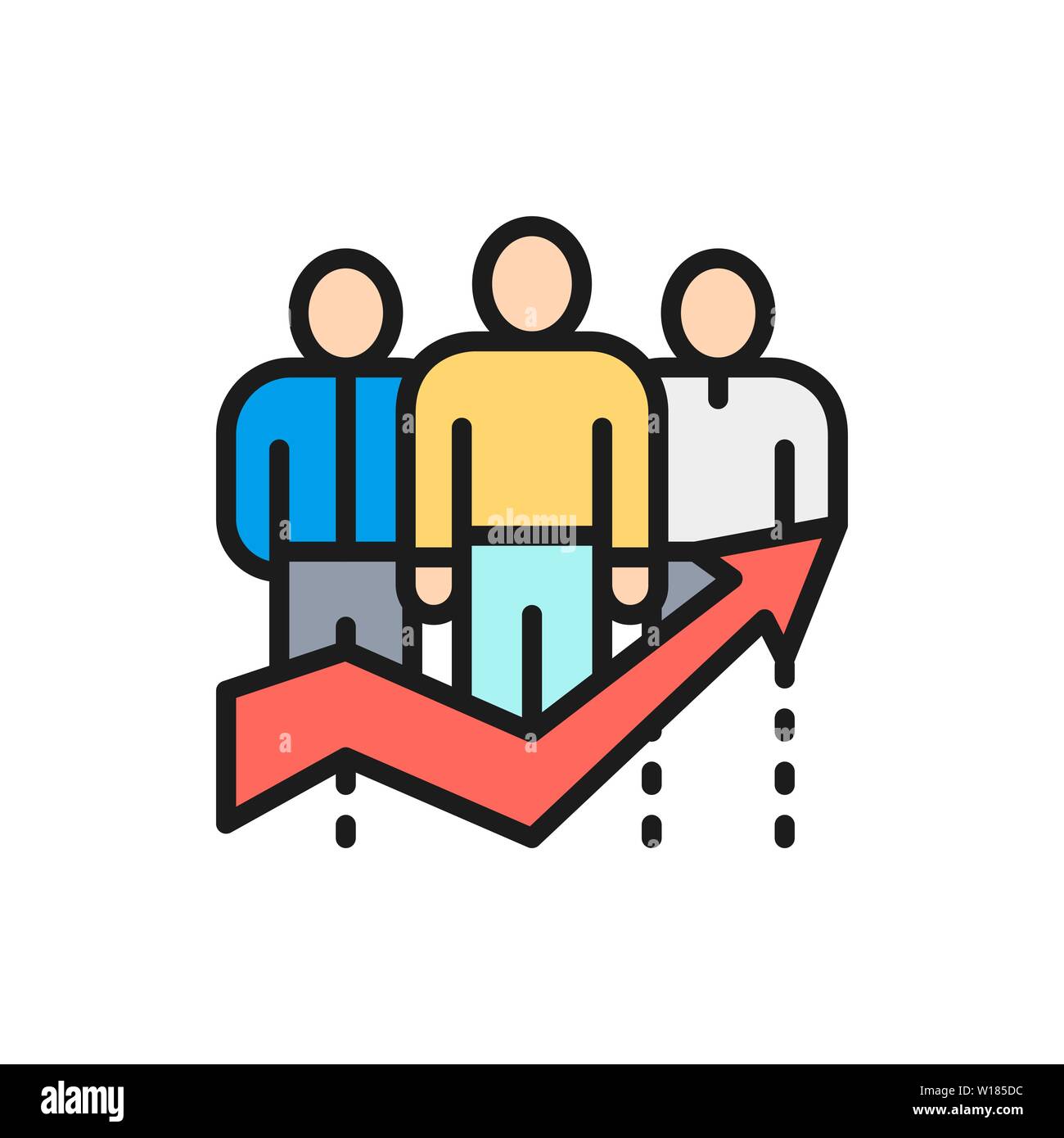 Vector team efficiency, company workers with big arrow flat color line ...