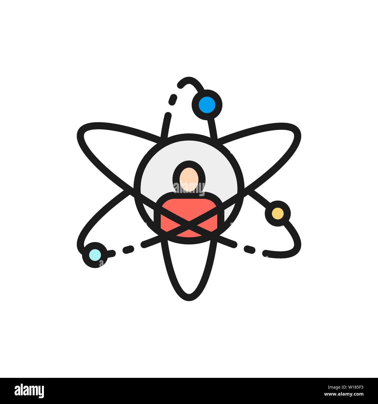 Vector man in atom, scientist, personal development flat color line ...